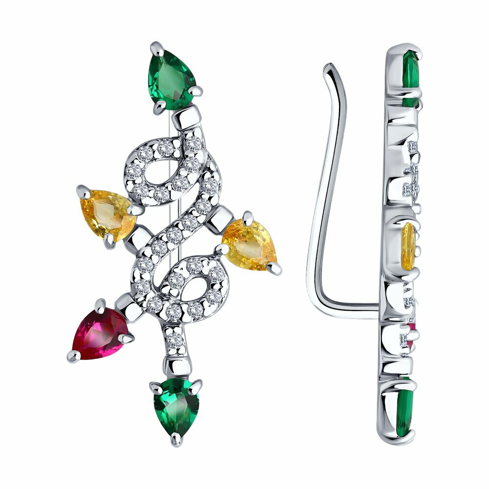 Серьги, серебро, 925 проба, родирование, фианит, корунд синтетический