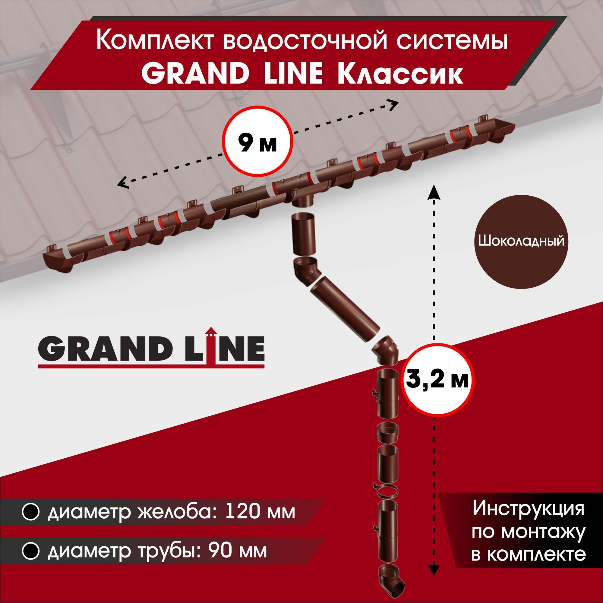 Комплект водосточной системы Grand Line для ската 9м, Шоколад (RAL 8017)