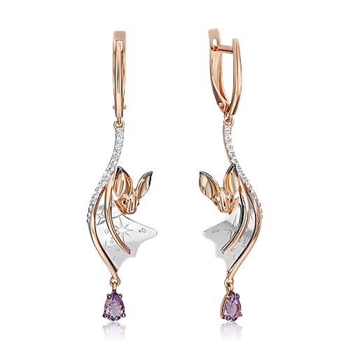 Серьги, золото, 585 проба, топаз, аметист