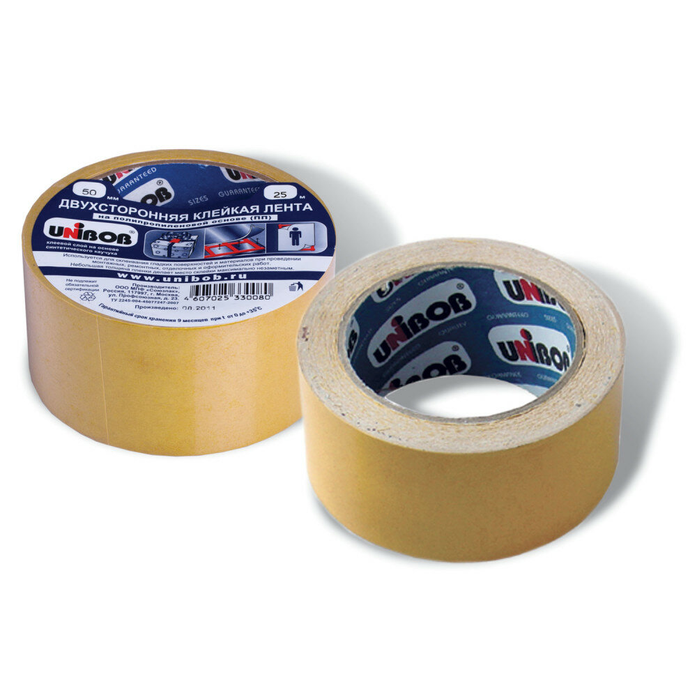 Клейкая двухсторонняя лента 50 мм х 25 м полипропиленовая основа UNIBOB 28212 1 шт