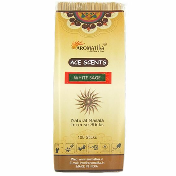 Ace Scents WHITE SAGE Natural Masala Incense Sticks, Aromatika (белый шалфей натуральные ароматические палочки, Ароматика), 100 палочек.