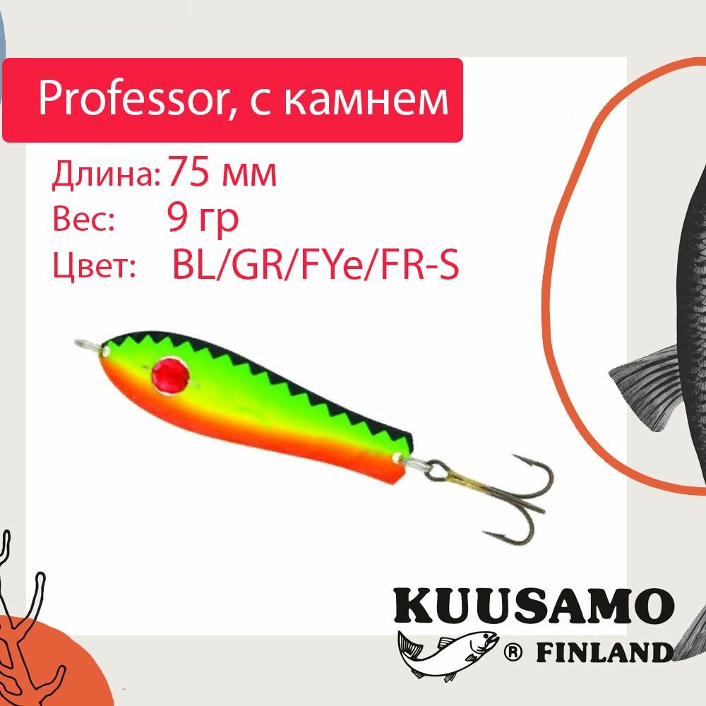 Блесна для рыбалки Kuusamo Professor 3, 75/ 9 с камнем, BL/GR/FYe/FR-S (колеблющаяся)