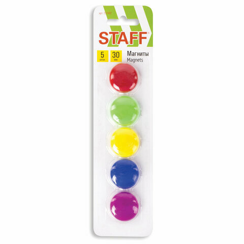 Магниты среднего диаметра, 30 мм, набор 5 штук, цвет ассорти, в блистере, STAFF "Basic", 237482