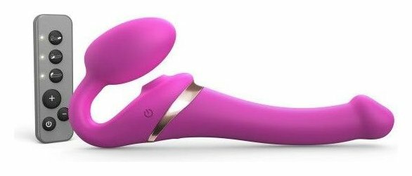 Ярко-розовый безремневой страпон Multi Orgasm Size S с клиторальной стимуляцией Strap
