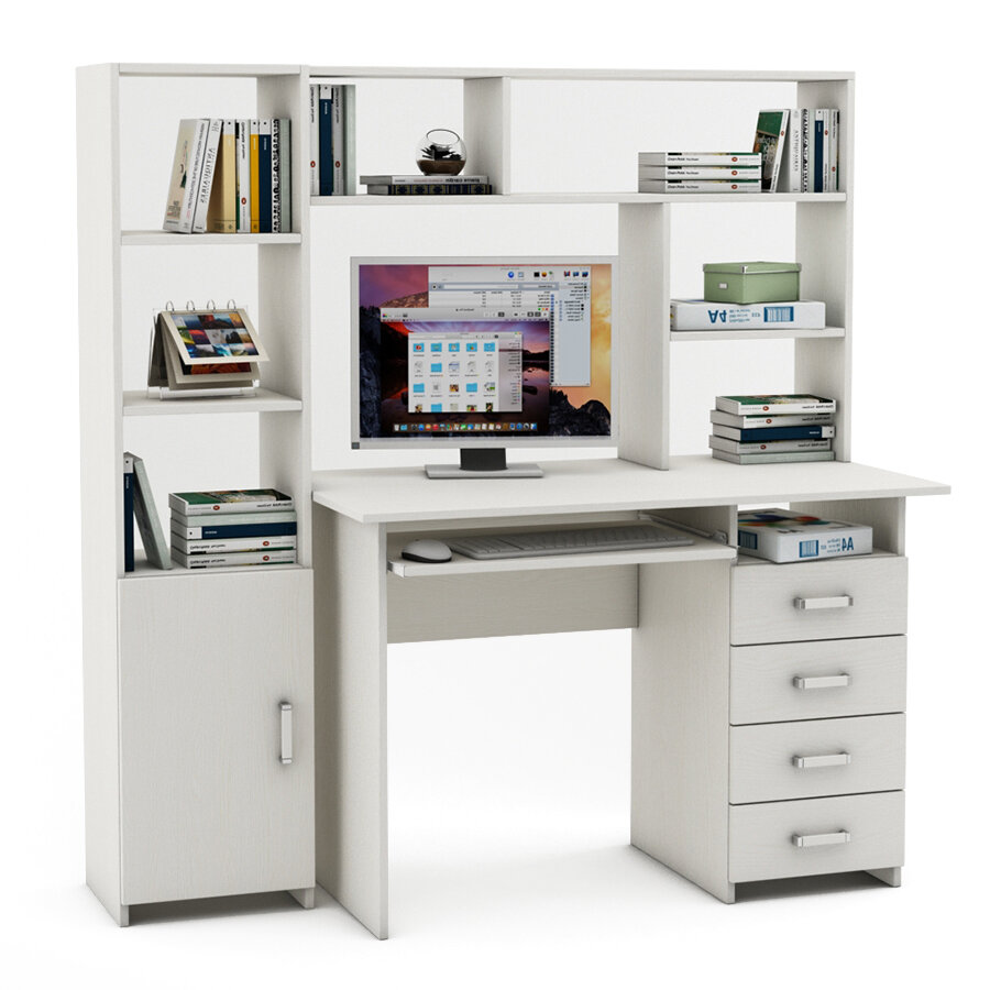 Стол письменный, компьютерный Лайт (Ньюкасл) 5К с надстройкой и стеллажом цвет: Белый