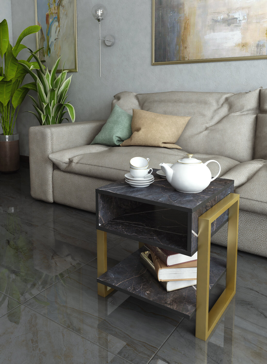 Тумбочка универсальная Мальта Черный мрамор/золото