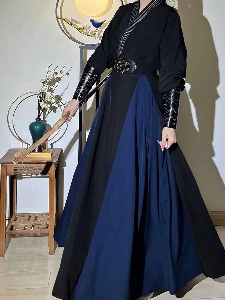 Комплект Ханьфу белый и черный Темно-синий, S, Black 4pcs set