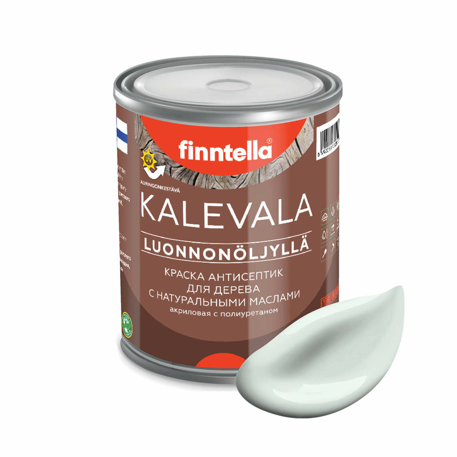 Краска для дерева и деревянных фасадов FINNTELLA KALEVALA, с натуральным маслом и полиуретаном, цвет HOPEA (светло-серо-зеленый) , 0,9л