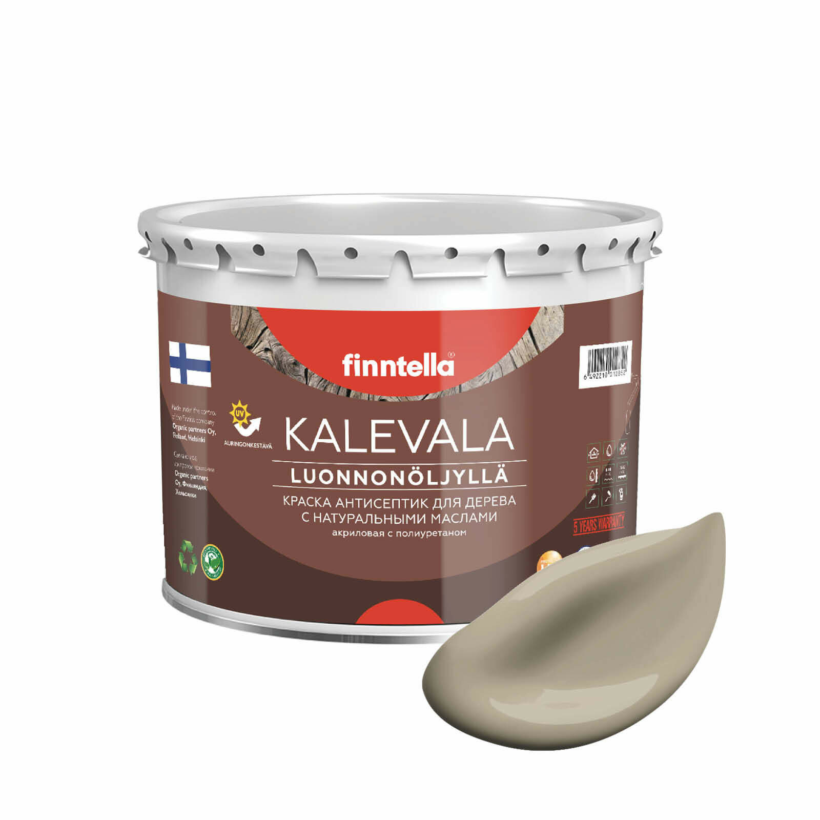 Краска для дерева и деревянных фасадов FINNTELLA KALEVALA, с натуральным маслом и полиуретаном, цвет TAOS (бежевый хаки) , 2,7л
