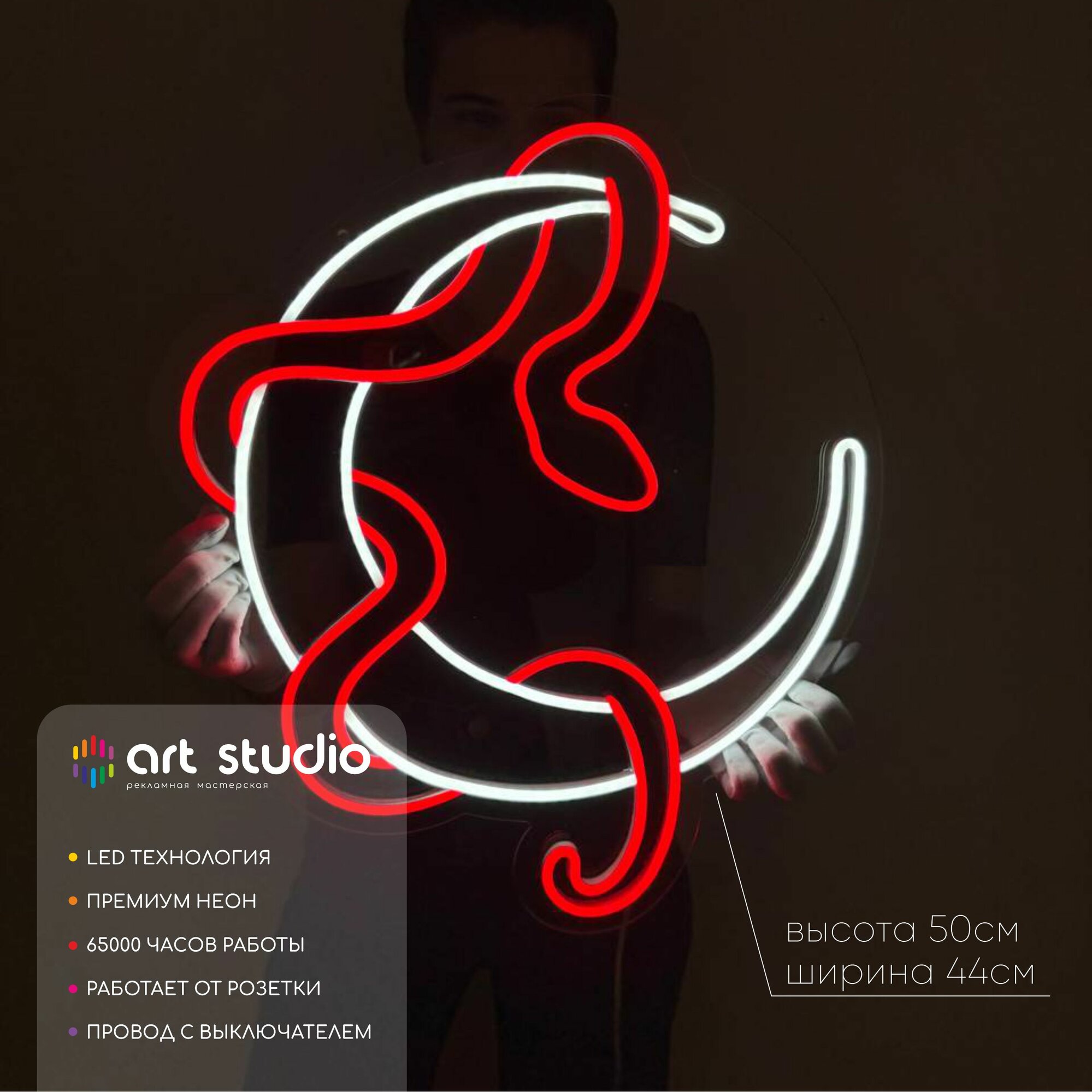 ART Studio Неоновая вывеска Луна со змеёй 44х50 см для мистического декора интерьера на подложке из акрила