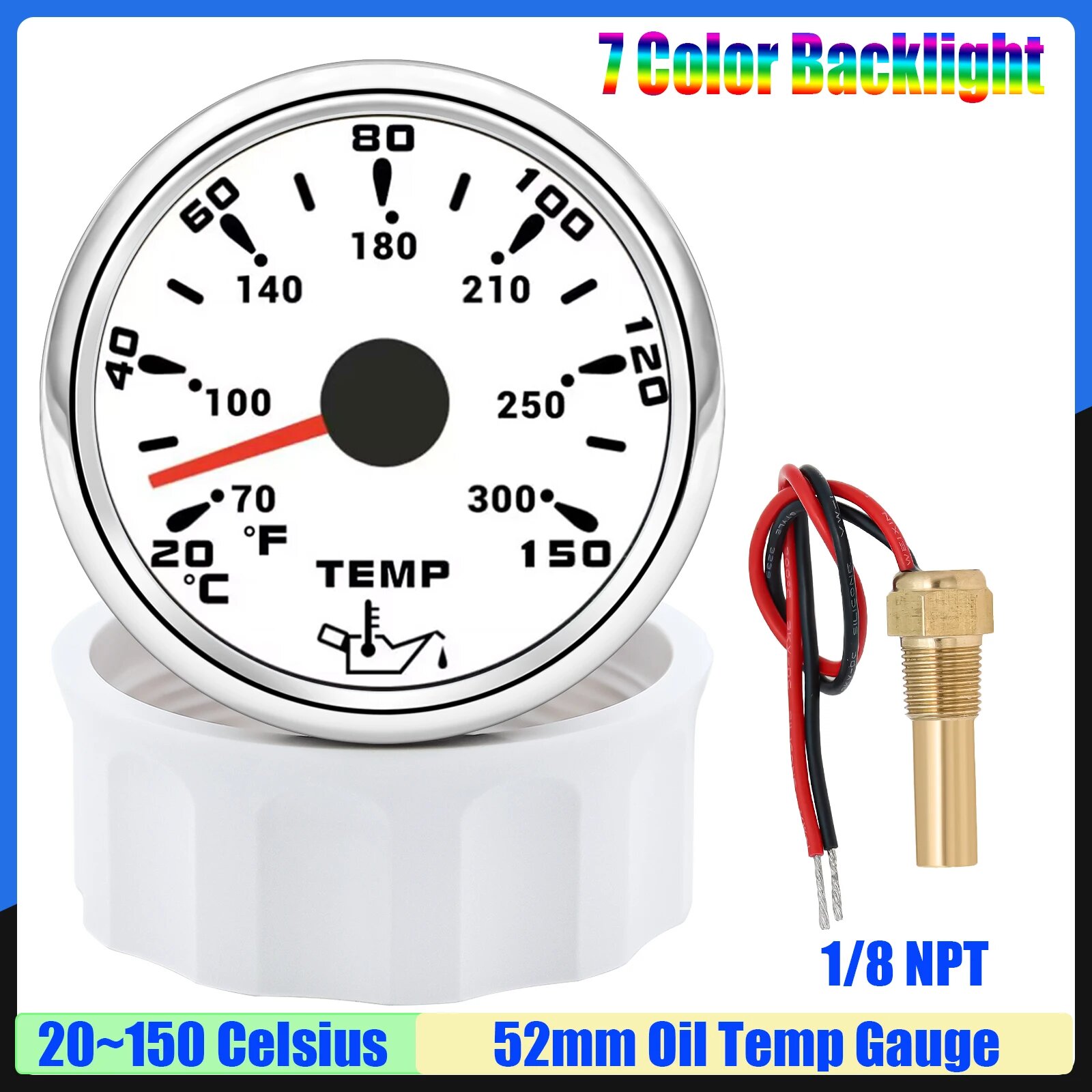 20~150 ℃ 7-цветный светильник, 52 мм, датчик температуры масла с датчиком 1/8NPT WS 1-8NPT