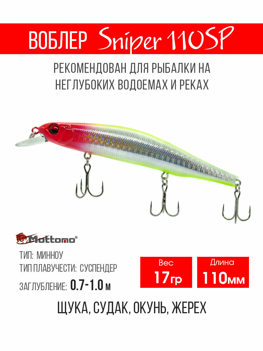 Воблер для рыбалки Mottomo Sniper 110SP 17g, минноу нейтральный для твичинга. Приманка на щуку, судака, сома.