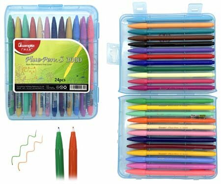 Линеры 24 цв. WGN-6 GUANGNA 0.3мм (водная основа) круглый цветной корпус, в голубом пластиковом пенале №3000