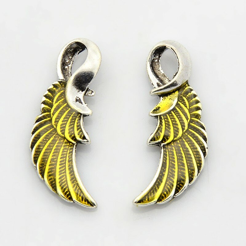 Подвеска, 32х12мм, крыло, базовый материал - цинковый сплав, жёлтая эмаль, стиль тибетское серебро, 2 шт.
