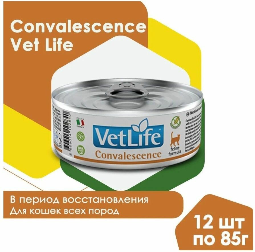 Консервированный влажный корм Farmina Vet Life Convalescence 12шт по 85г для кошек всех пород в период восстановления, Фармина Вет Лайф лечебный рацион со вкусом курицы