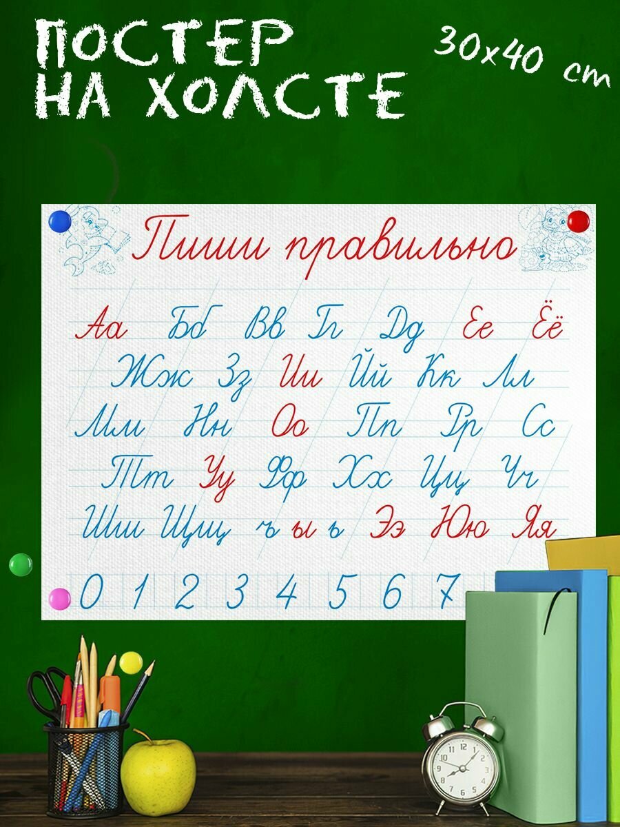Обучающий постер-плакат для школы Алфавит и цифры прописью 30х40 см