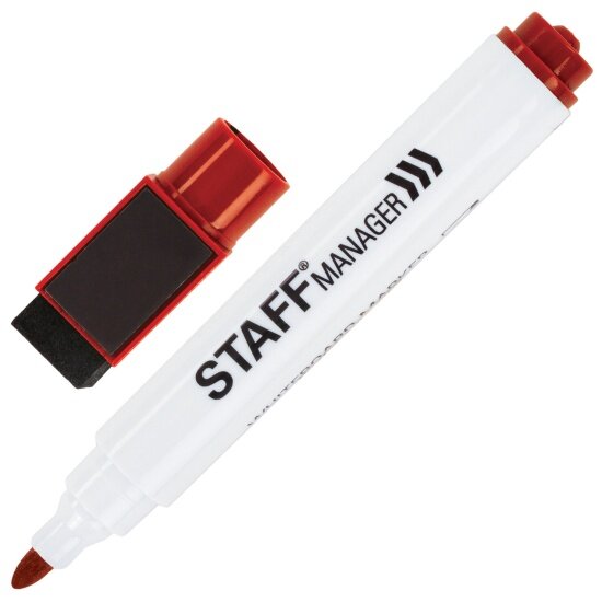 Маркер стираемый Staff для белой доски на магните со стирателем, красный, "Manager" WBM-002, 3 мм, 152003