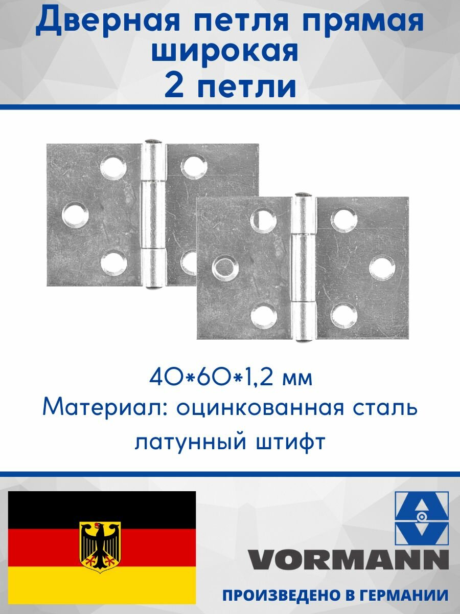 Петля прямая широкая 40х60х1,2 мм, оцинкованная, латунный штифт, 2 шт.