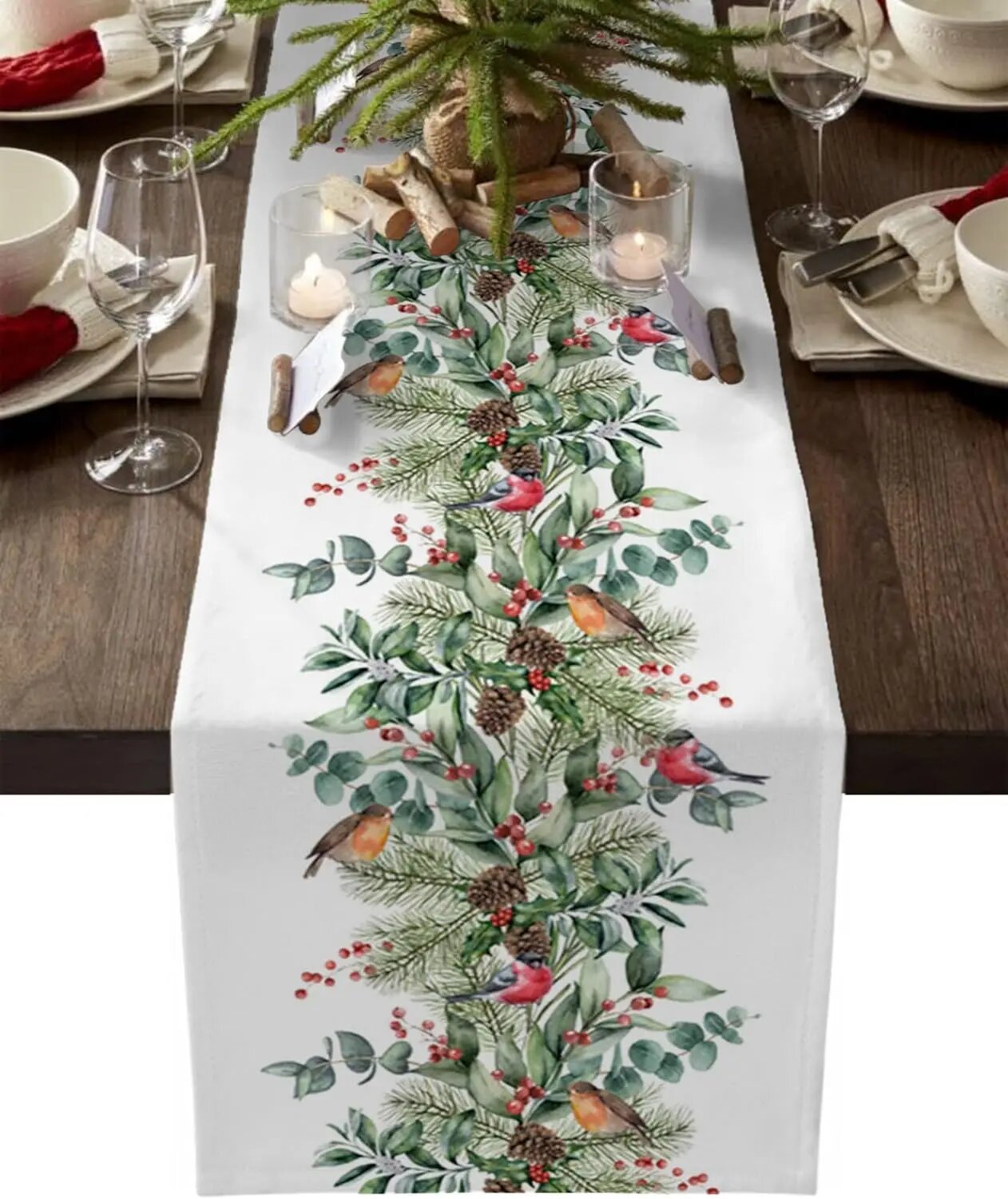 Рождественский кардинал, ягода, зеленое растение, сосна, лен, дорожка для стола, шарфы для комода, зимняя рождественская дорожка для кухонного стола, украшение Navidad