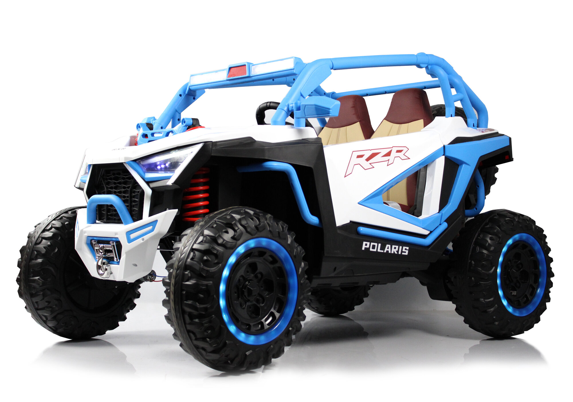 Детский электромобиль RiverToys E001EE с дистанционным управлением, полноприводный, двухместный бело-синий