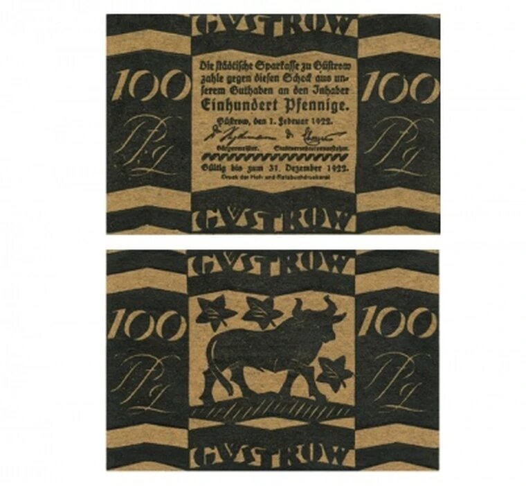 Германия 100 пфеннигов 1922 Гюстров, вид 2, сувенирная копия нотгельда, банкноты и купюры редкие коллекционные