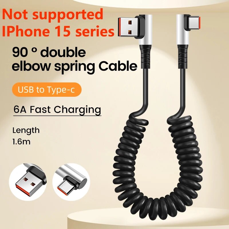 Пружинный кабель 6A USB A-C CC Type C PD Быстрая зарядка 90 ° Колено Выдвижной провод для Style 3