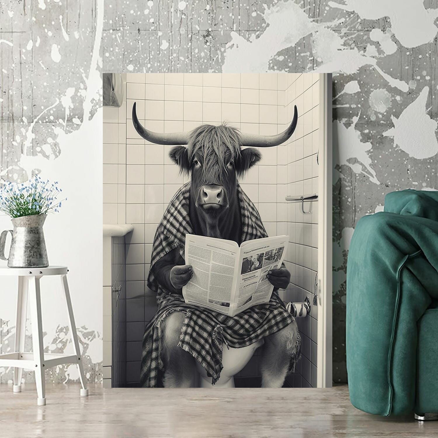 Картина в туалет, ванную комнату Бык читает, 30х40 см.