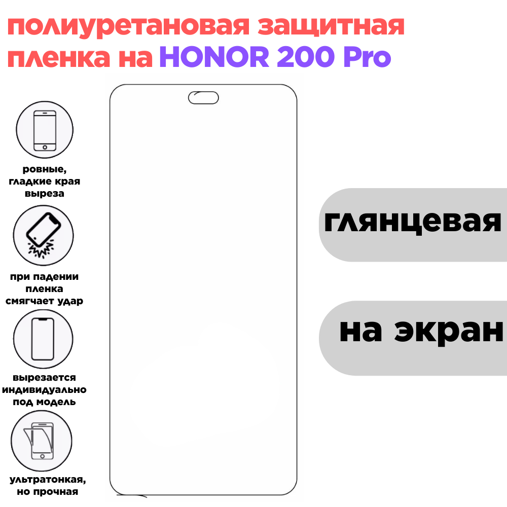 Гидрогелевая полиуретановая защитная пленка для HONOR 200 Pro, глянцевая