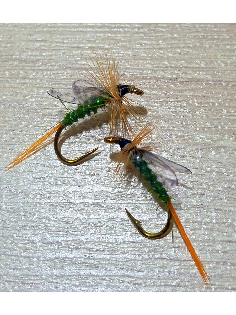 Мушка на хариуса Kumho, перо, крючок №10, коричневая и зеленая, 2 шт