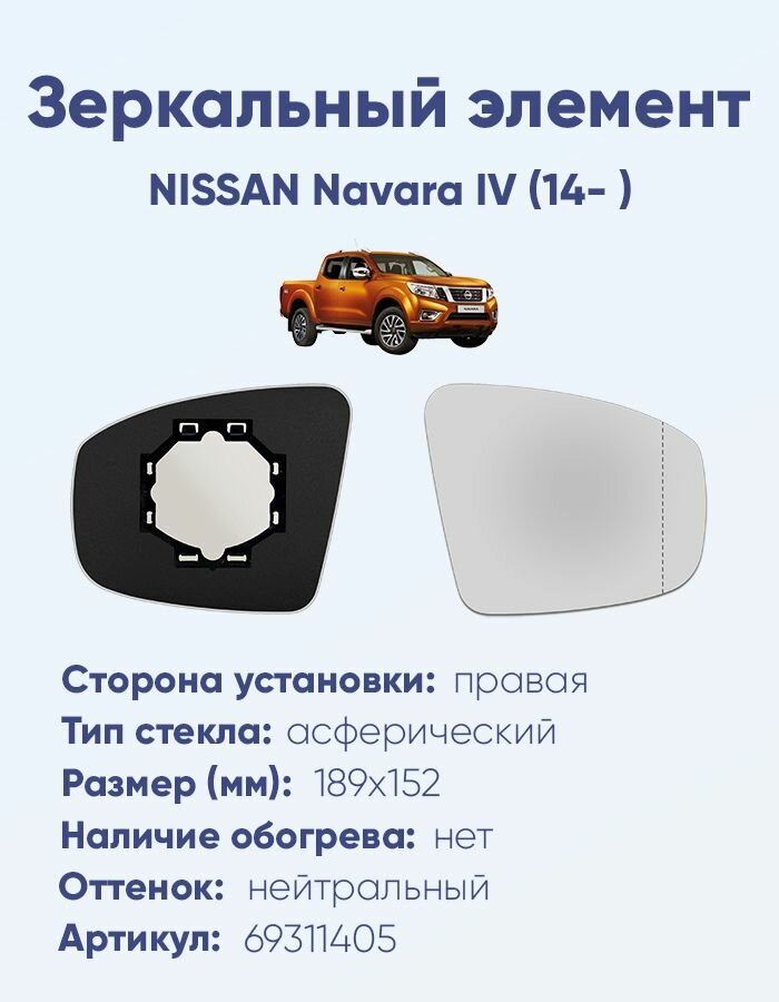 Зеркальный элемент правый NISSAN Navara IV (14- ) асферика нейтральный без обогрева
