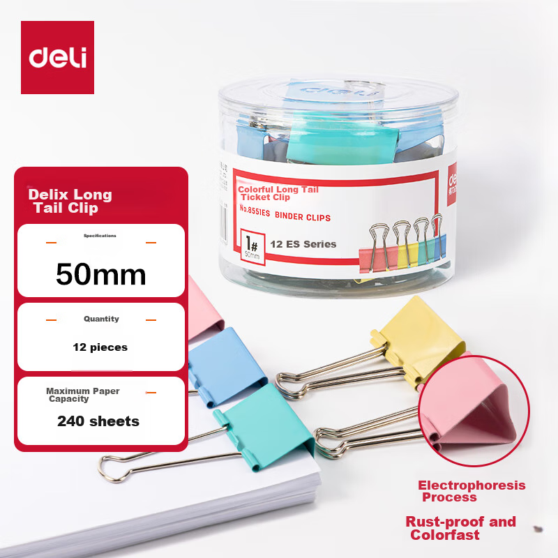 [Super Popular] Deli 12 Pieces 50mm Colorful Long Tail Clips, 1# Extra Large Binder Clips, Document Clips, 12 Pieces/tube 8551ES