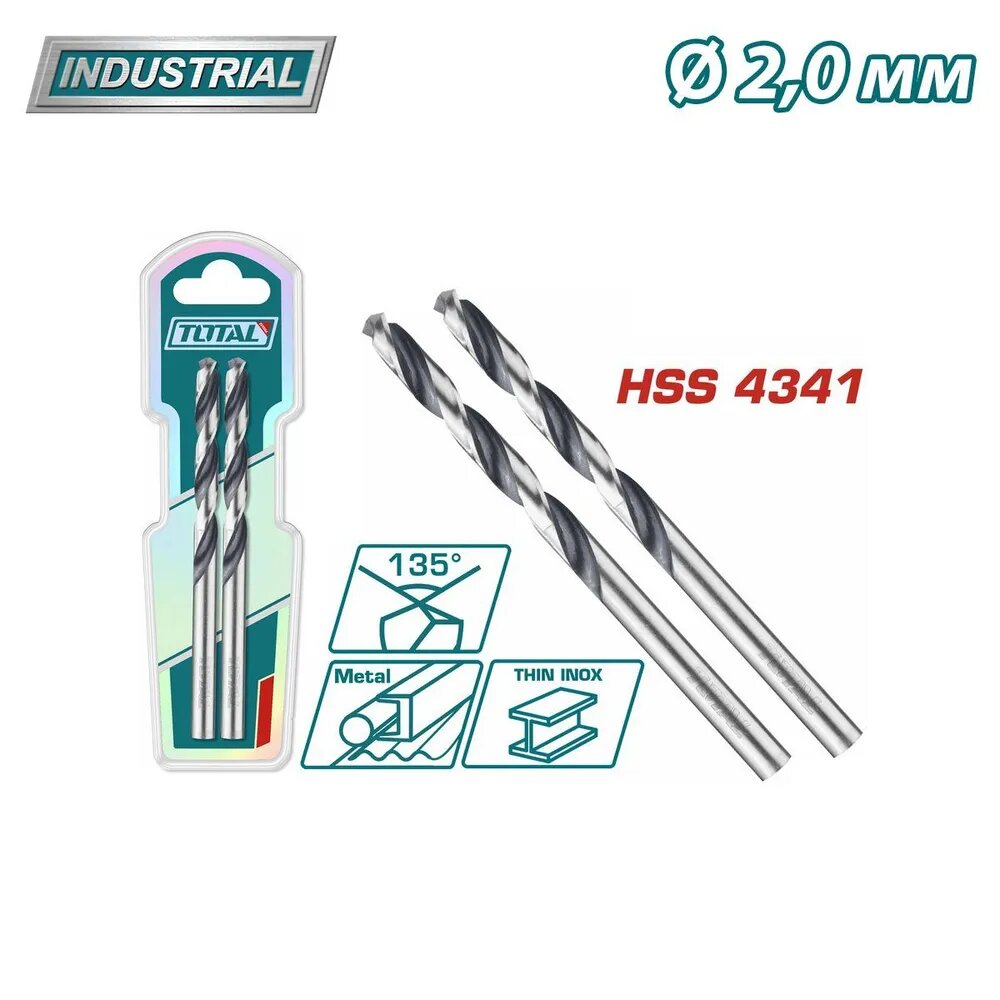 Сверло по металлу HSS 4341 TOTAL TAC1200024 диаметр 2мм. (2 шт.)