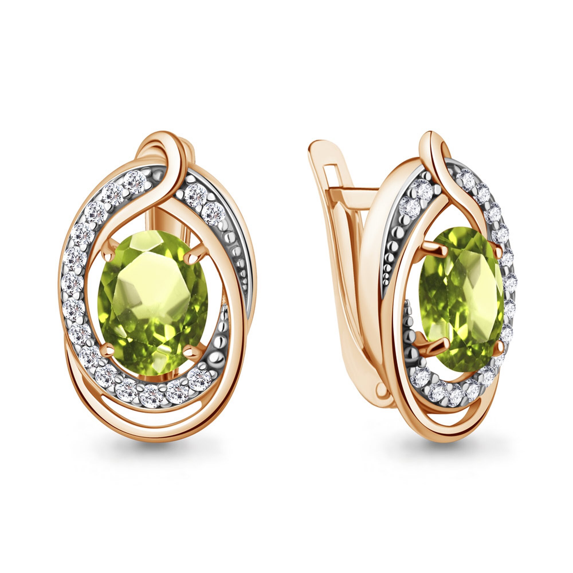 Серьги, серебро, 925 проба, золочение, хризолит, фианит