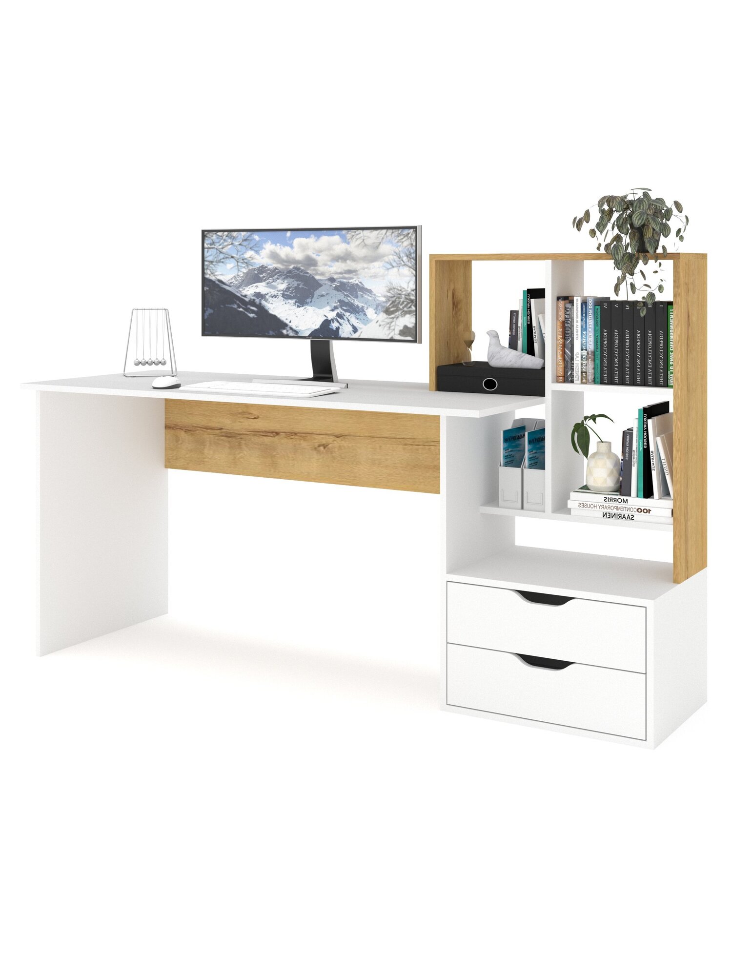 Есэндвич Лаворо 5 Письменный стол со стеллажом и ящиками 170х110х60 см правый (Белый/Дуб бунратти)