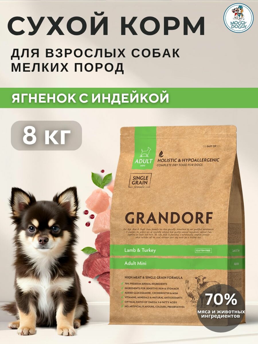 GRANDORF MINI Корм для взрослых собак мелких пород с ягненком и индейкой 8 кг