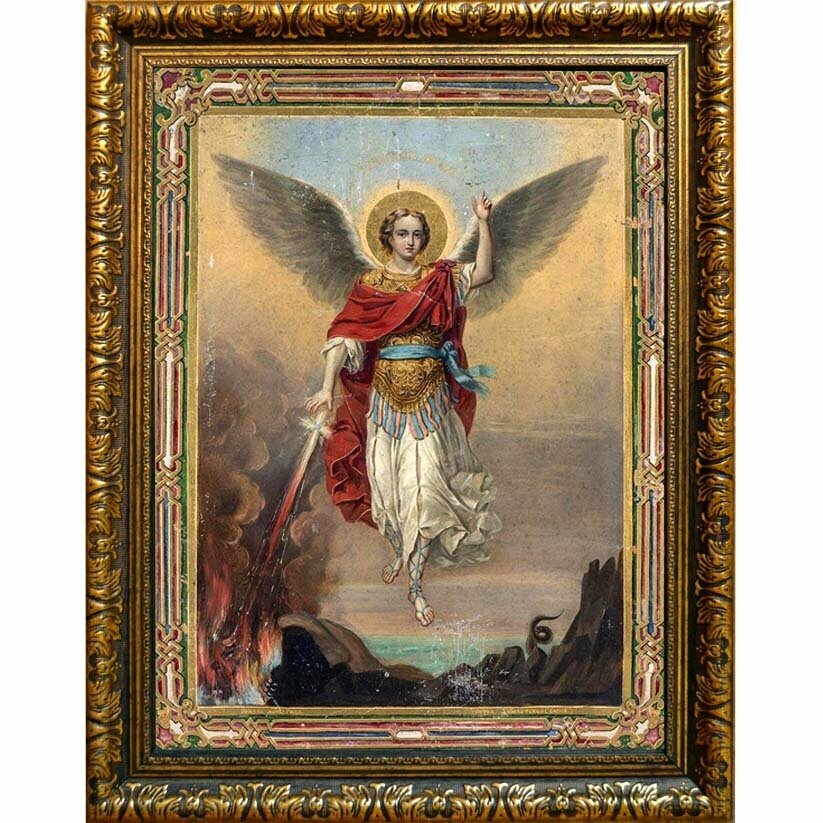 Архистратиг Михаил, попирающий дьявола. Копия иконы 19 века на холсте. (30 х 40 см / В раме / 47)