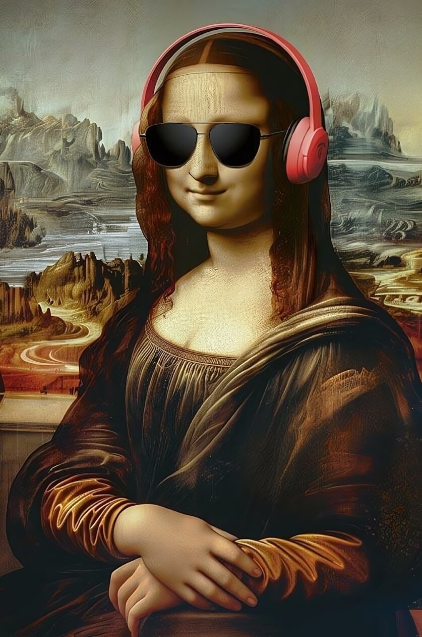 Открытка "Мона Лиза в наушниках", 105х156 мм, яркий дизайн, для поздравлений и подарков