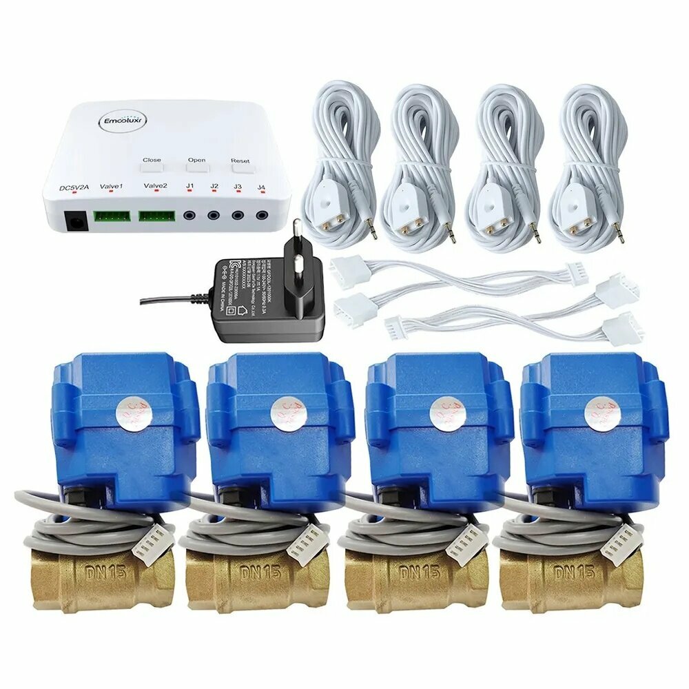 Безопасная система защиты от утечки воды в домашних условиях с 4 датчиками воды и 4 кранами DN15 для водопроводчиков