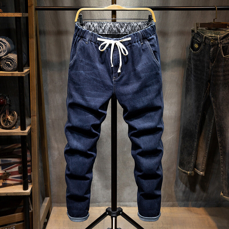MON Чистый цвет Нов. эластич. пояс спортив. джинсы муж. повседн. плус размер американ. прямой нога джинсы муж. мод. Синий/8XL, Размер_8XL