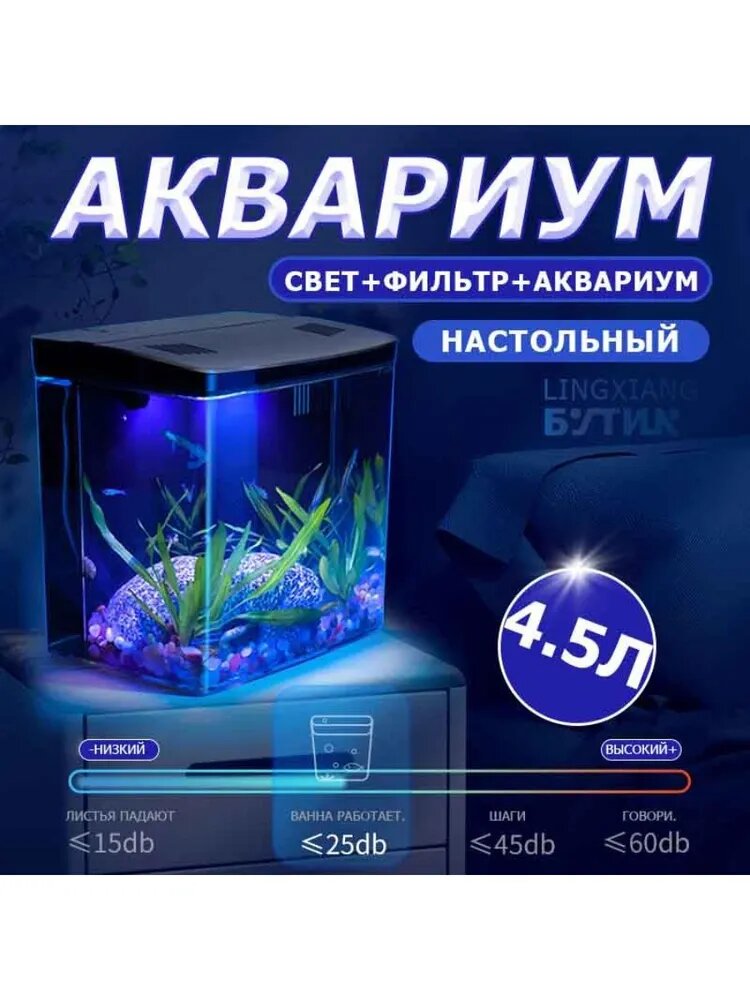 Аквариум для рыбок и креветок настольный 4 л с фильтром и подсветкой черный