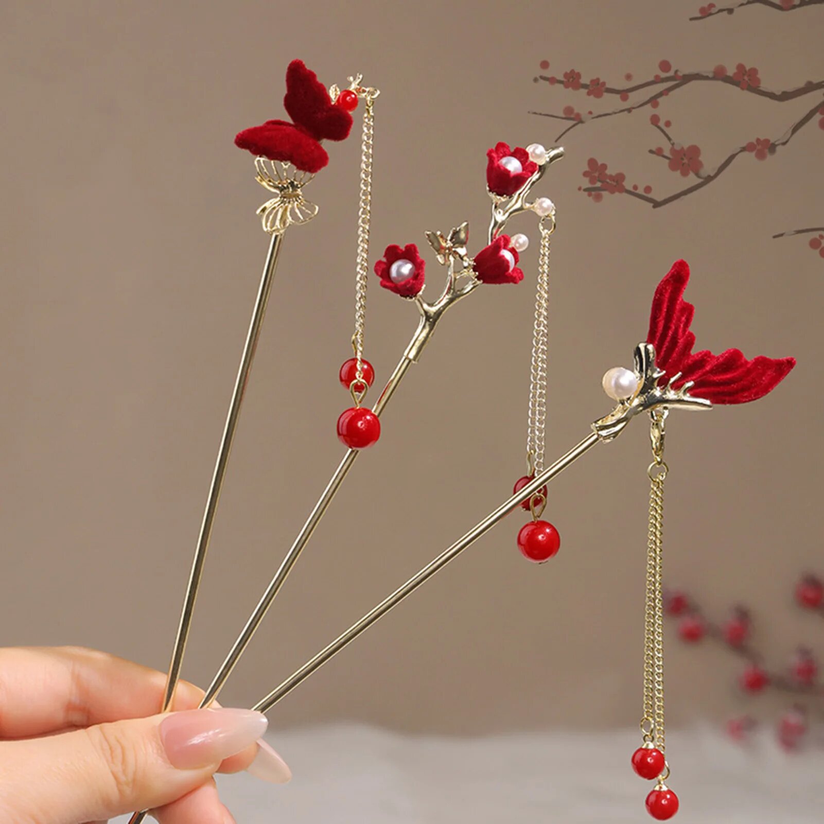 Винтажная заколка для волос из сплава с красным цветком и кисточкой для женщин и девочек, заколка для волос, костюм в китайском стиле, ювелирные изделия ханьфу, аксессуары для волос