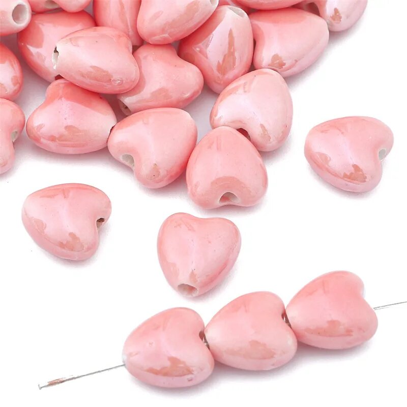 Сердечные керамические бусины 10х10 мм Розовый, pink 10PCS
