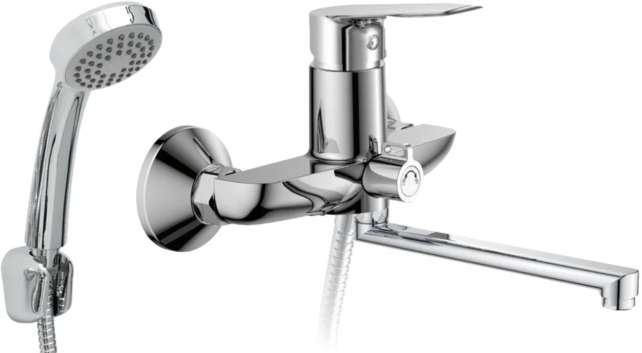Смеситель для ванны с душем Haiba HB60506 с душевым гарнитуром, настенный, однорычажный, с поворотным изливом, хром, глянцевый, латунный, с керамическим картриджем