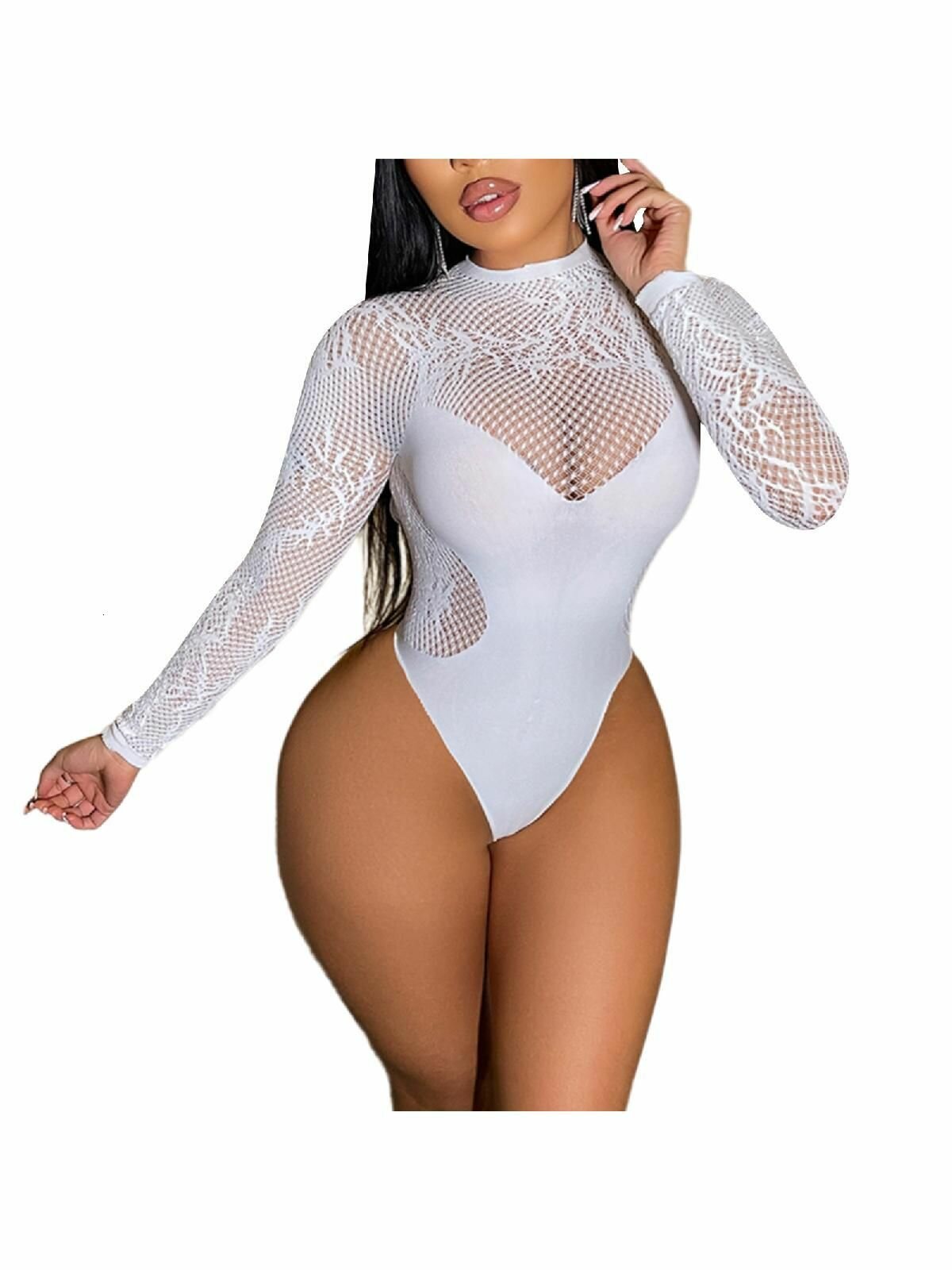 Женское боди из сетки с длинным рукавом, макет горловины, комбинезон для ночных клубов, Белый