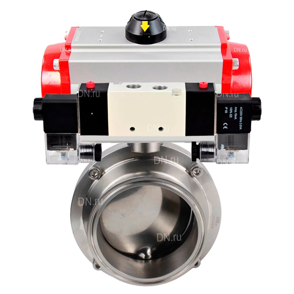 Затвор дисковый поворотный кламповый DN.ru 304-304-EPDM-2W-C-H Ду100 Ру10 корпус - пищевая нержавеющая сталь 304, уплотнение - EPDM, с пневмоприводом DN. ru DA-065 и пневмораспределителем DN. ru PND1-S2EM-52-2-T10-220VAC