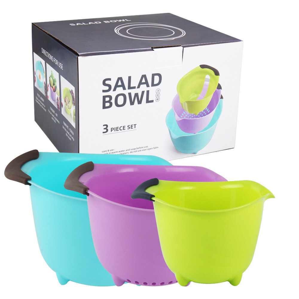Новый набор из трех салатных тарелок, европейская и американская домашняя овощная и фруктовая миска с мерной шкалой, фруктовый дуршлаг, салатница
