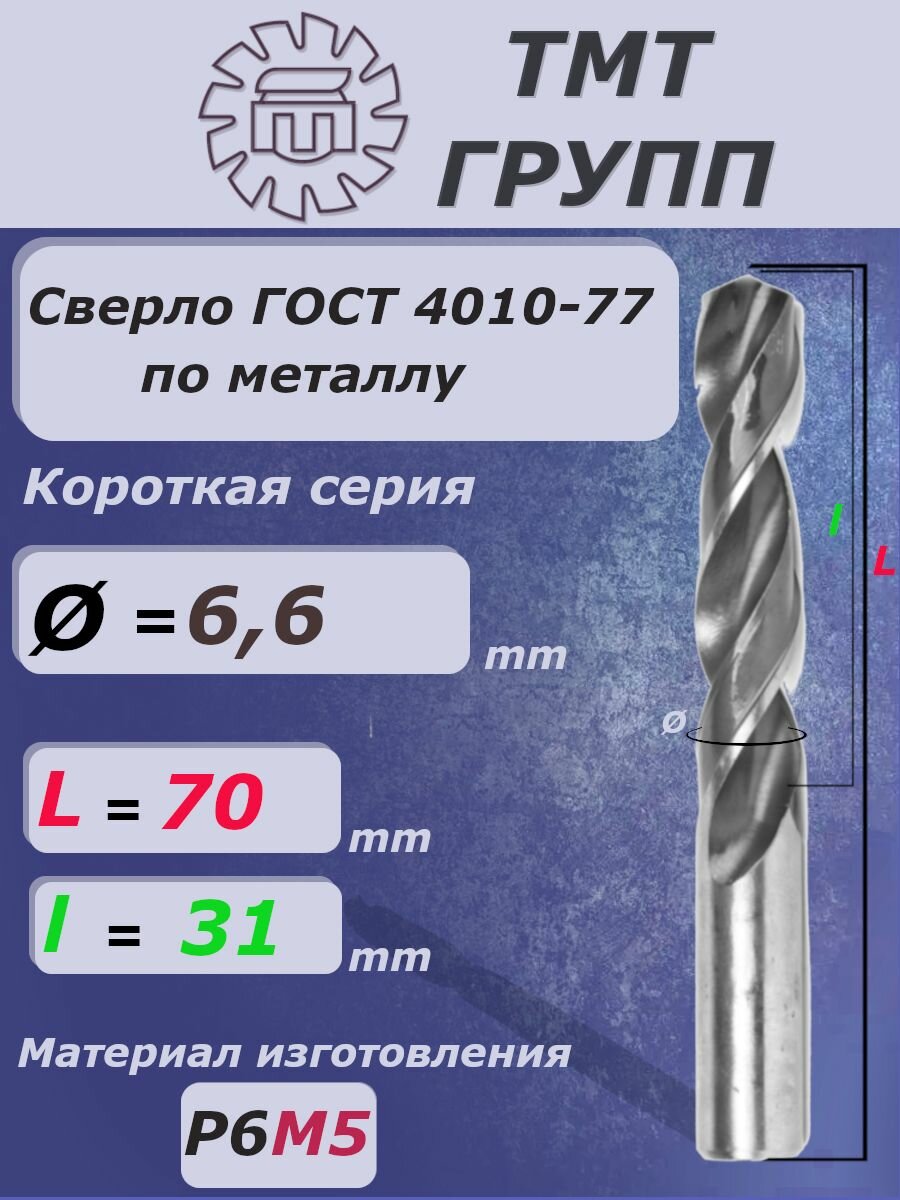 Сверло по металлу ц/х 6,6мм. короткое А1 Р6М5