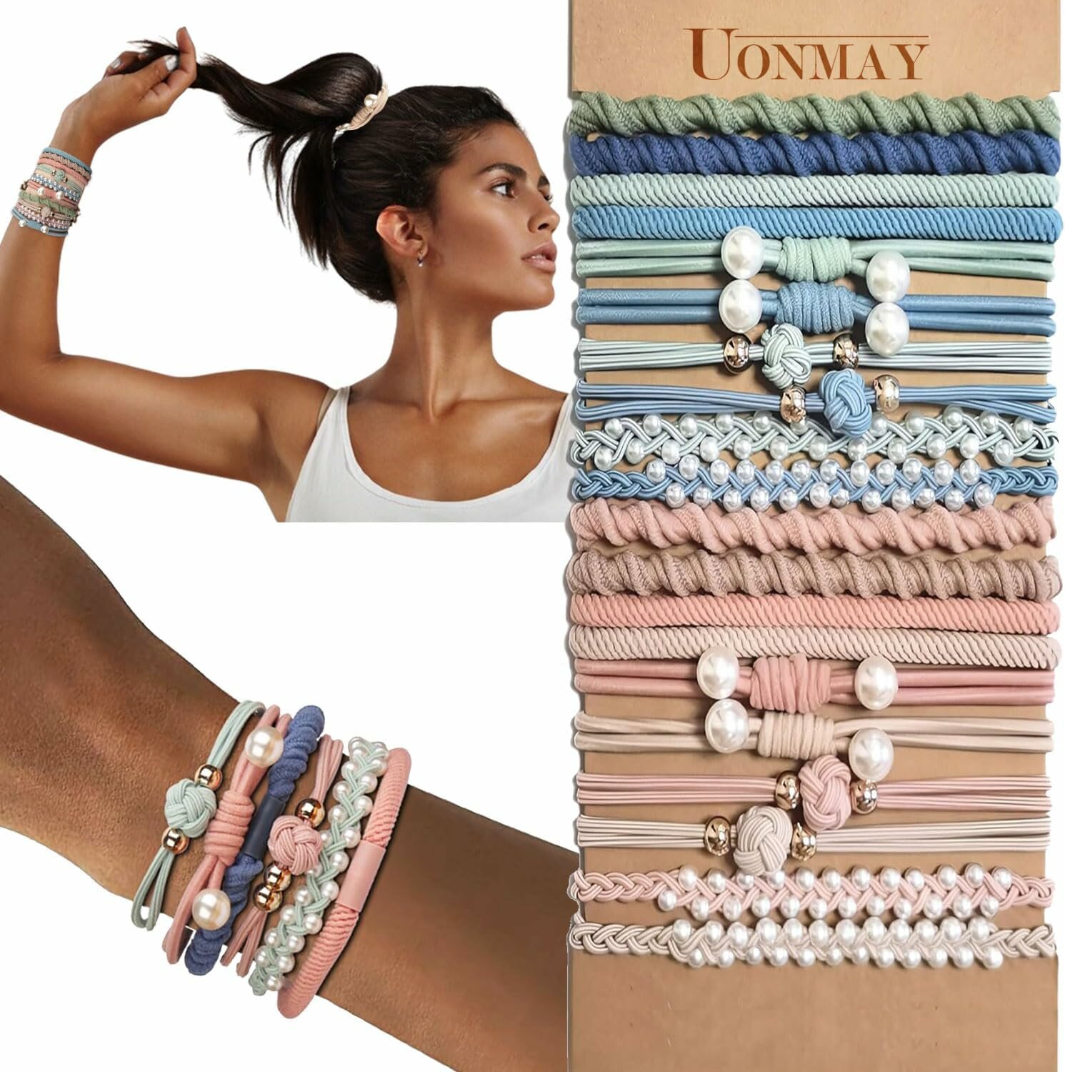 Браслеты-резинки для волос в богемном стиле, подходят для женщин и девушек, 20 штук в упаковке, эластичные резинки, бережно относятся к волосам, подходят для всех типов волос, можно использовать для завязывания хвоста (застежка А).