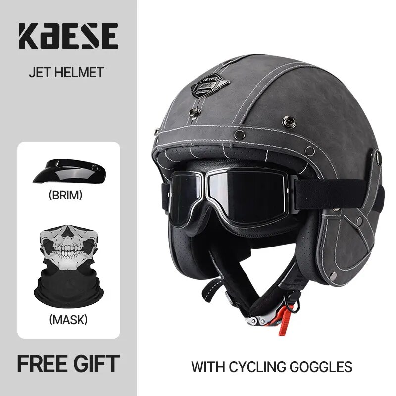 Винтажный кожаный шлем, мотоциклетный шлем с открытым лицом, в старинном стиле, черного М, Gray