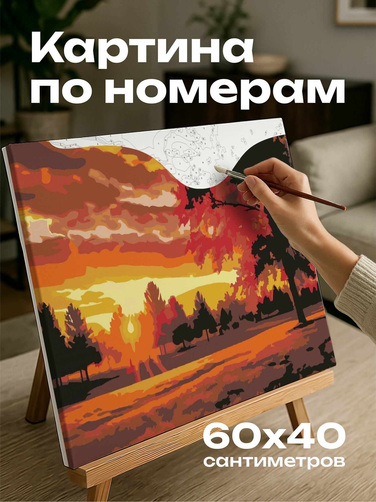 Картина по номерам 60x40 см, осенний закат, луг, свет, деревья, тени, атмосфера, цвета, листья, красота природы